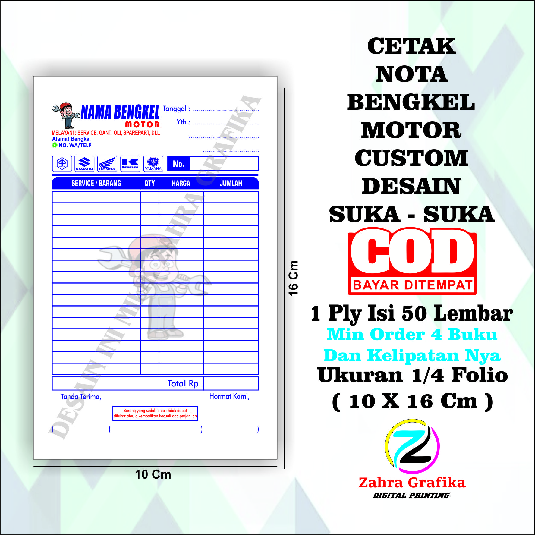 Cetak Nota Bengkel Custom 1 ply 1/4 Folio Dengan Nama Sendiri Nota ...
