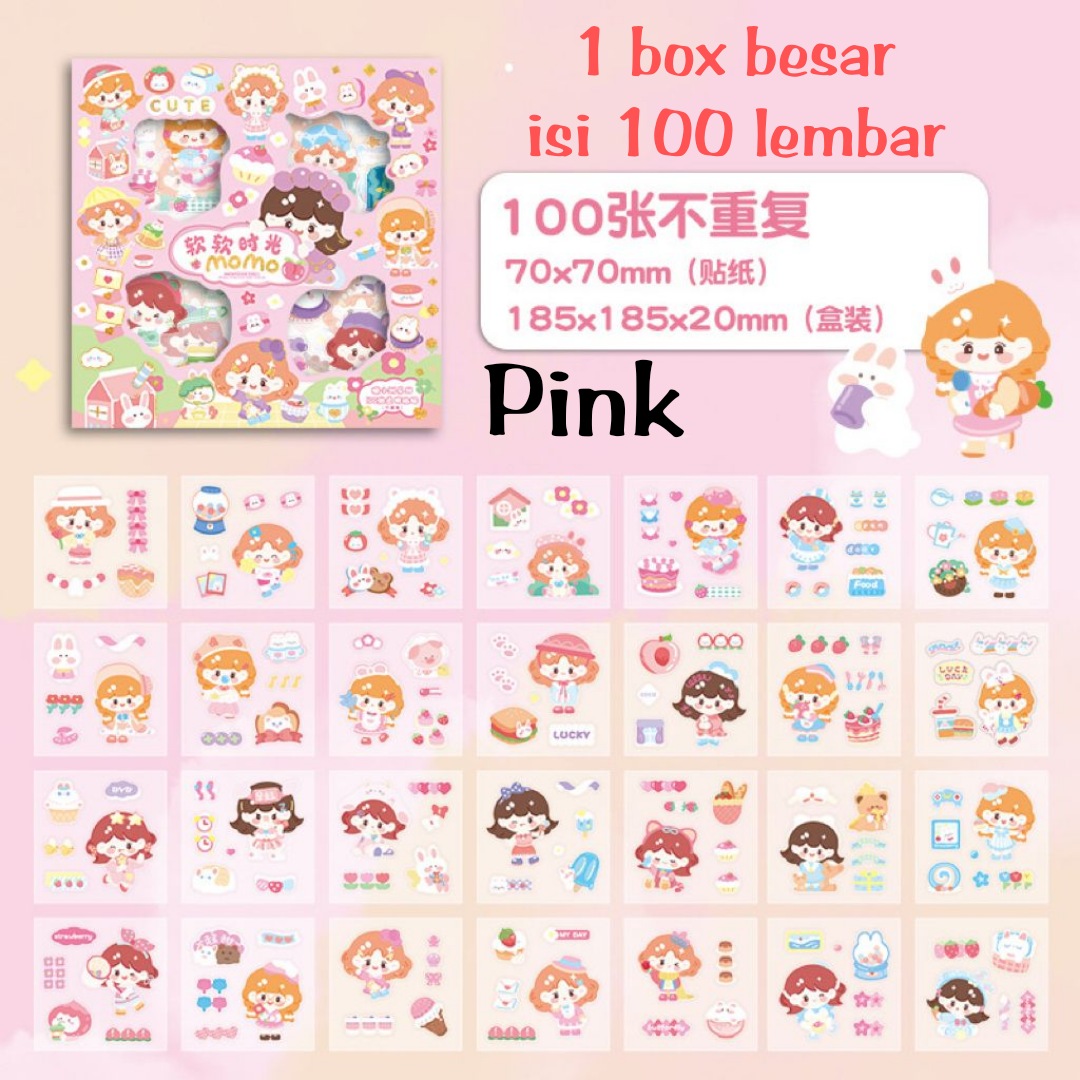 Sticker MOMO Kartun Aesthetic Waterproof 1 Box isi 100 pcs/ Sticker ...