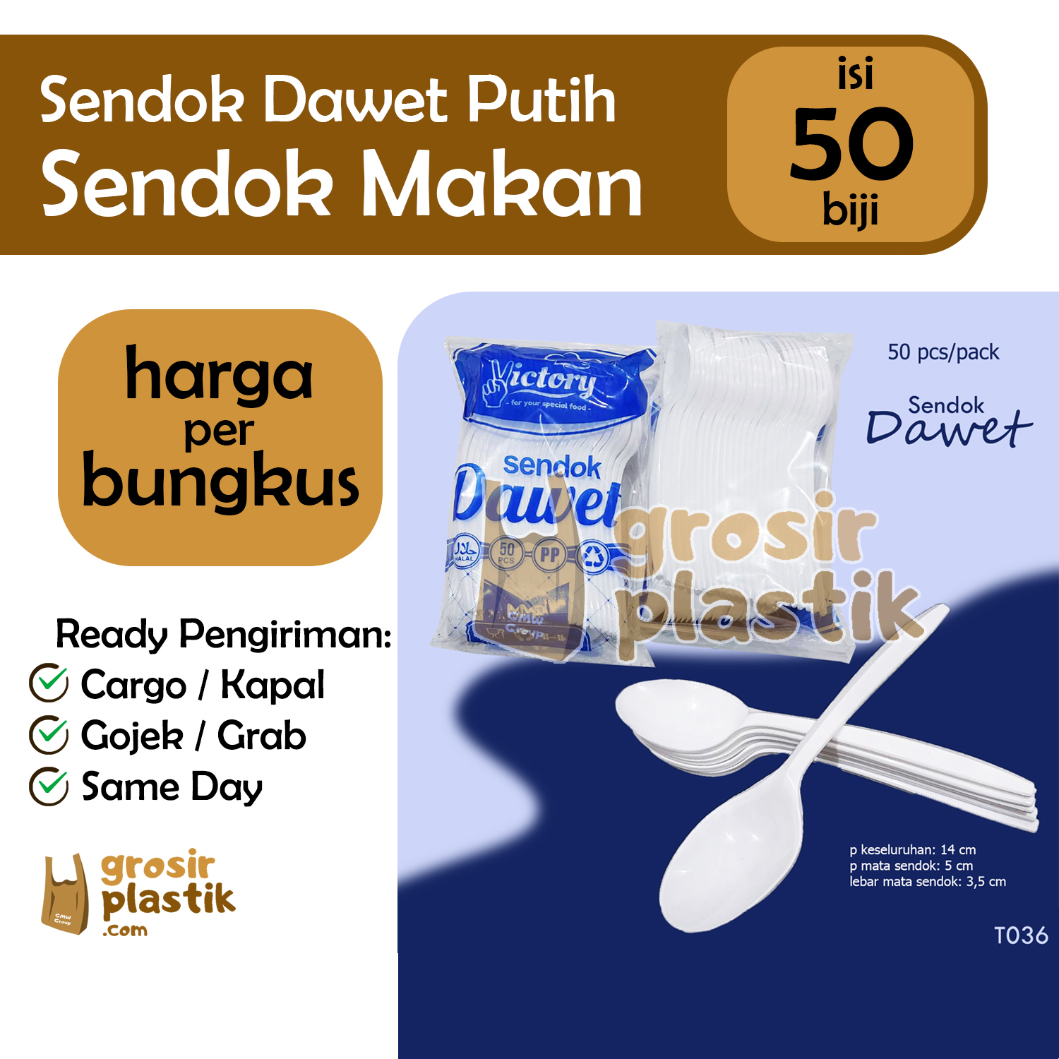 T036 Sendok Plastik isi 50 pcs PP Putih Sendok Es Dawet Bubur Buah ...