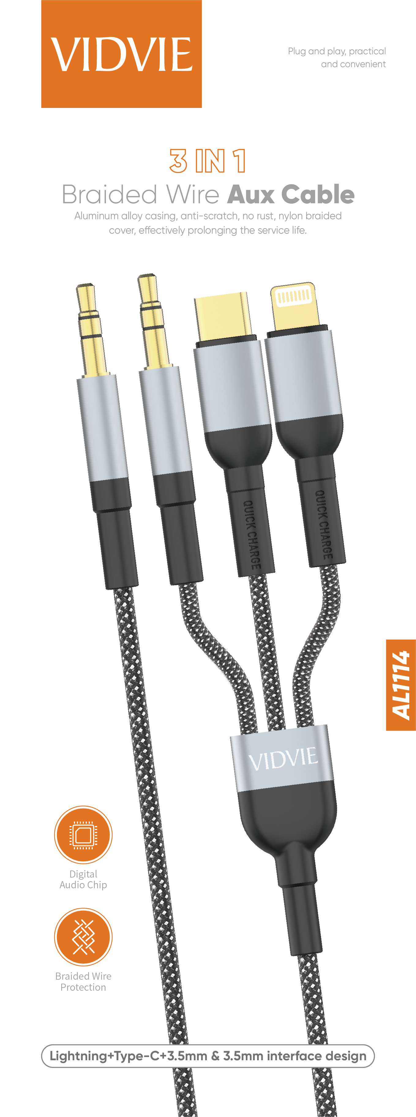 VIDVIE Kabel Audio Jack 3,5mm to Jack 3,5mm&Lightning&Type-C AL1114 ...