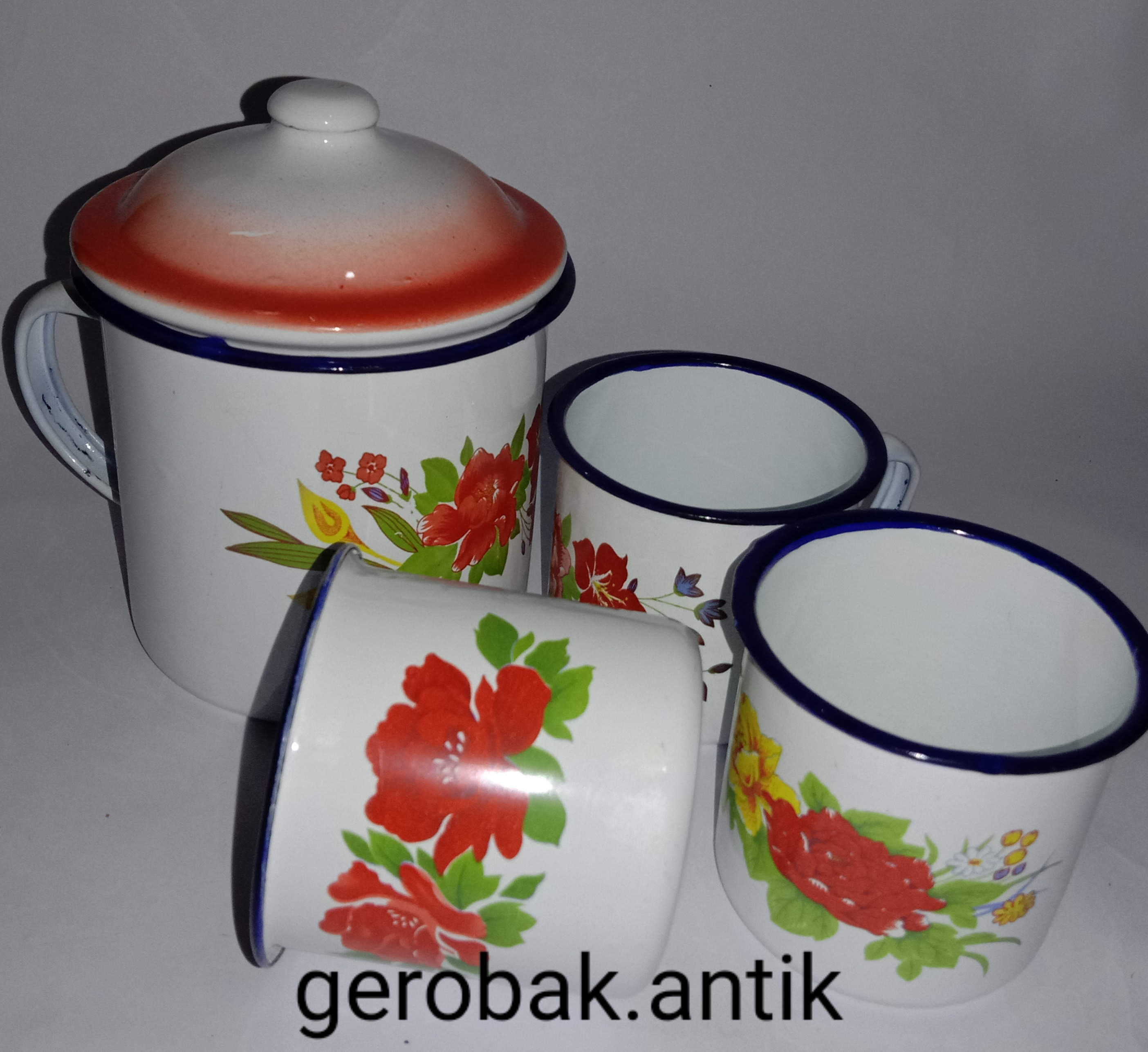 MUG 8 CM DAN 3CANGKIR ENAMEL/SENG BUNGA-BUNGA JADUL VINTAGE ,CANGKIR ...