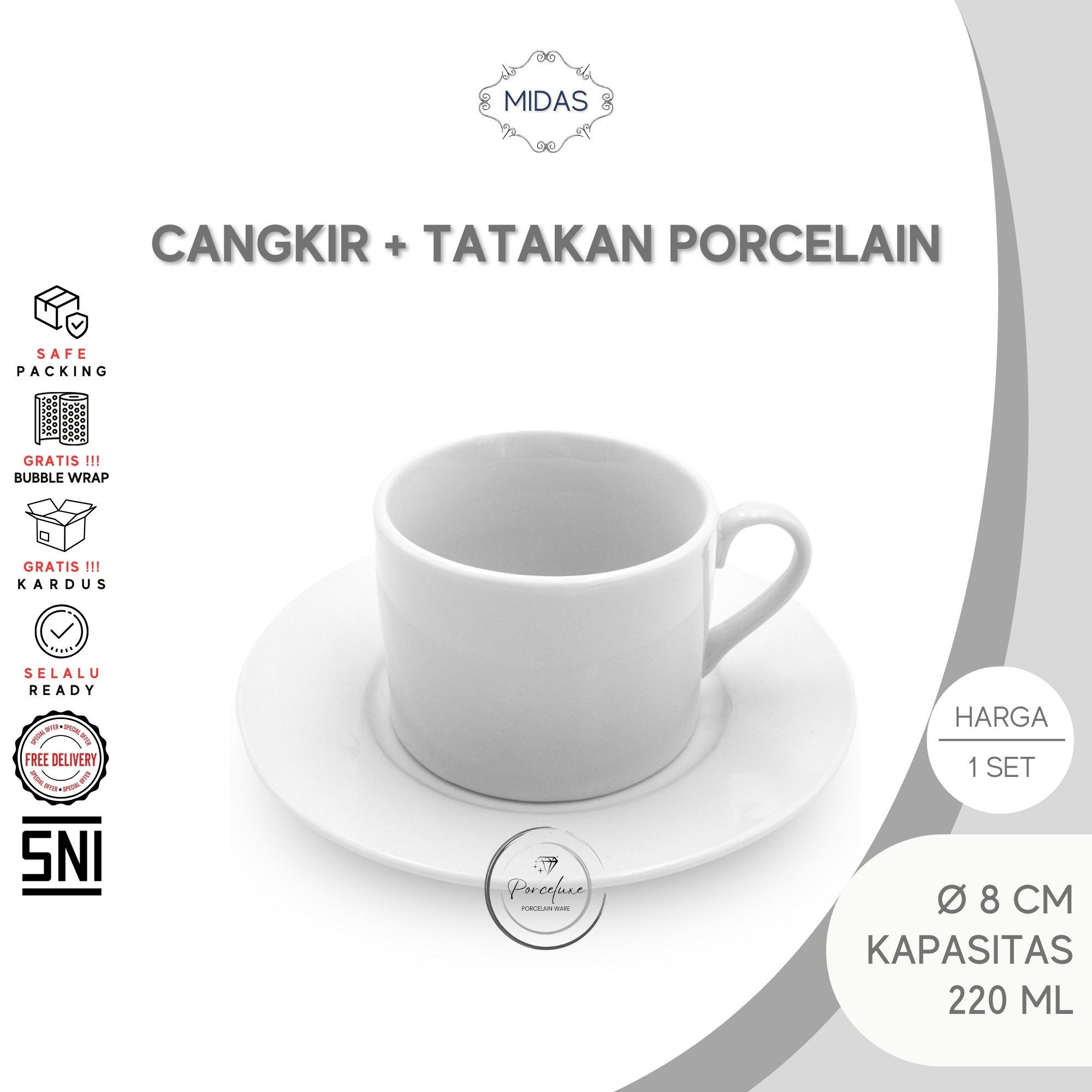 Cangkir Porselen Set Tatakan Bulat 8 cm Putih 220 ml Gelas Mug Lepek ...