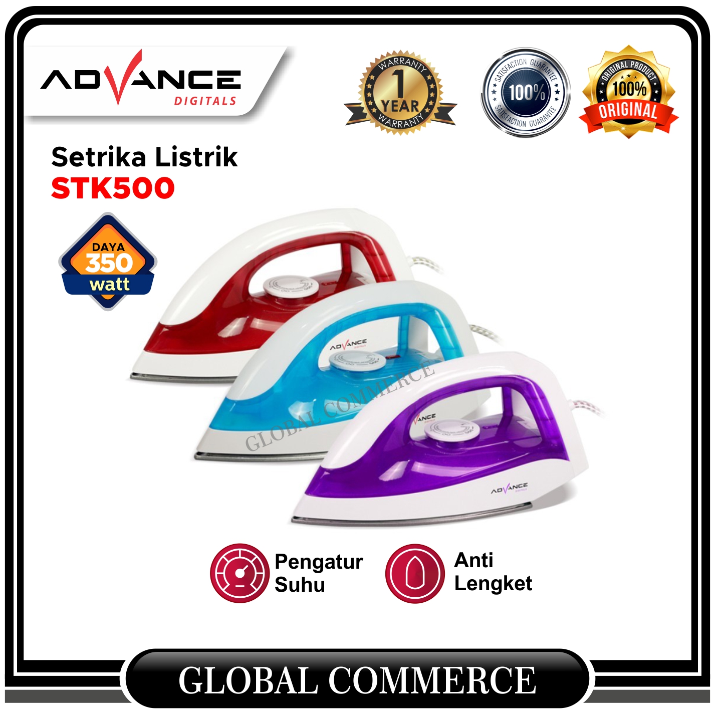 Advance Setrika Listrik Anti Lengket STK500 Low Watt 350 Watt STK-500 ...