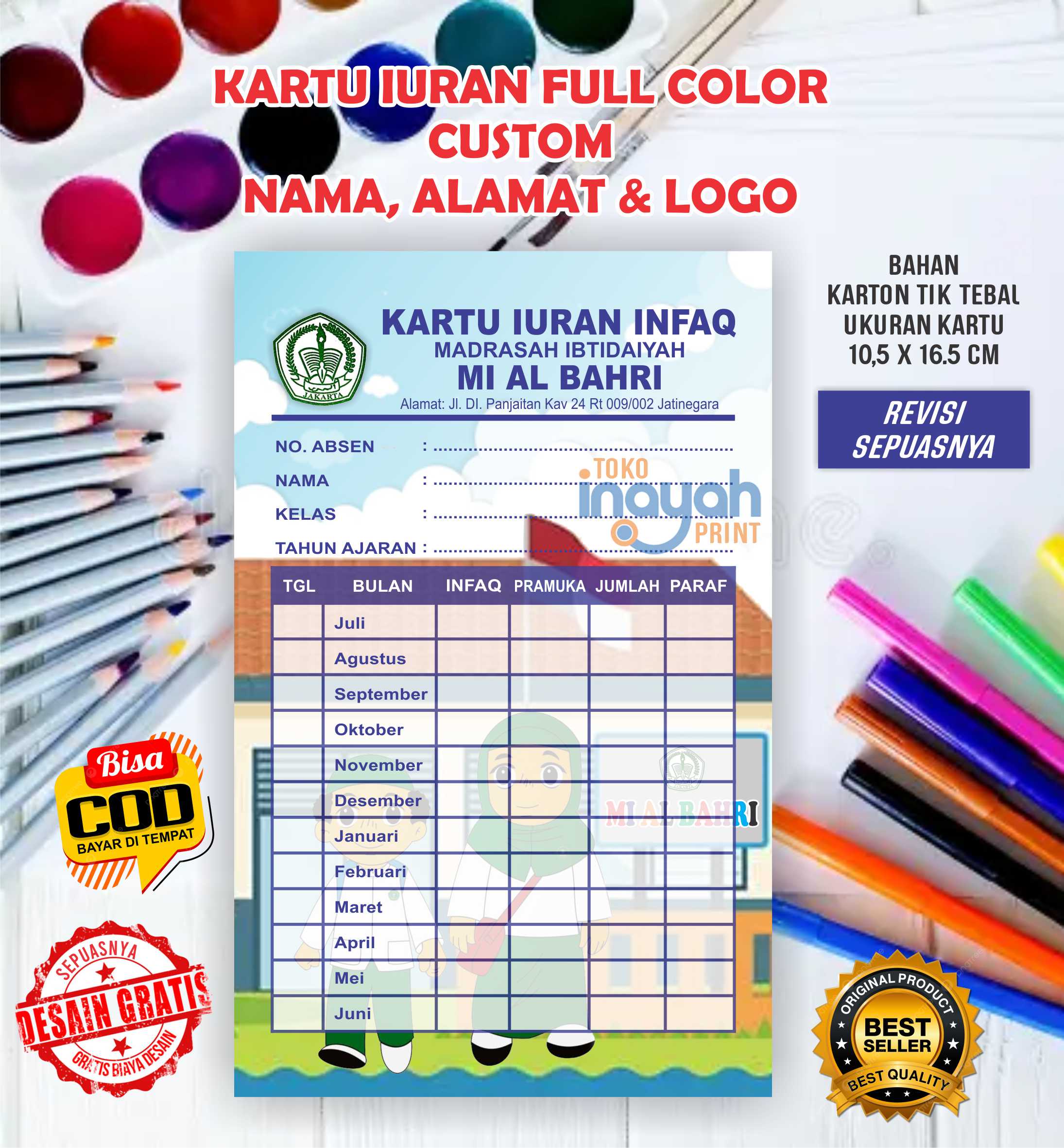 KARTU SPP/ INFAQ/ KAS/ MI/ SD FULL COLOR CUSTOM NAMA, ALAMAT DAN LOGO ...