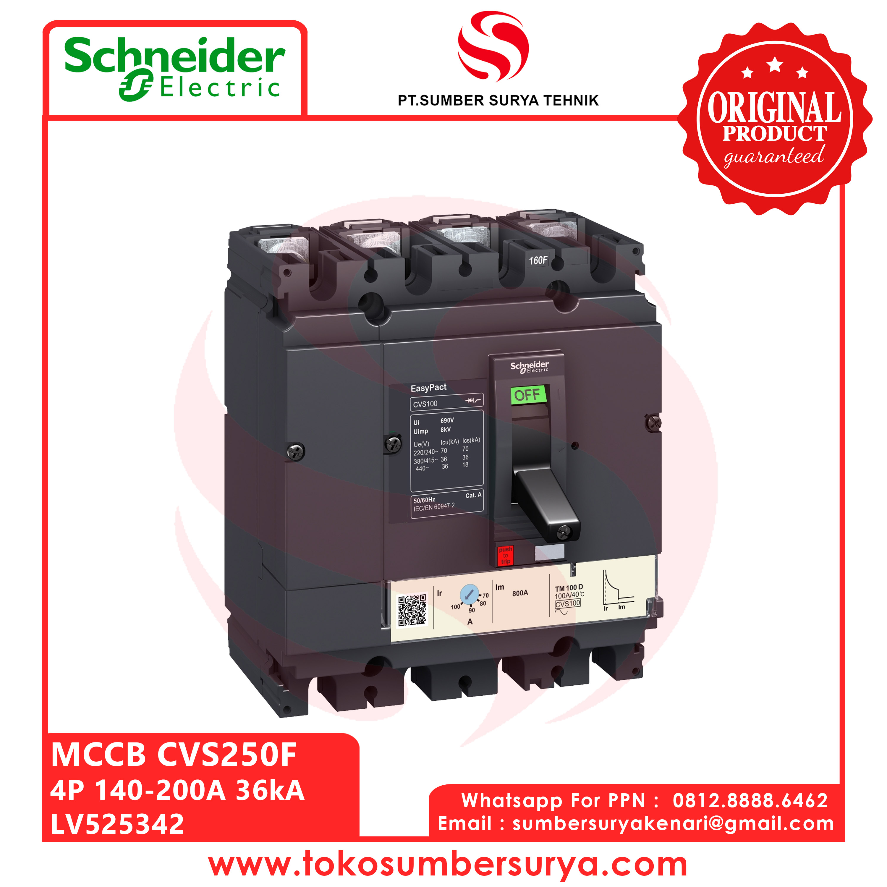 MCCB CVS250F 4P 140-200A 36kA Saklar Listrik ON OFF LV525342 SNI Asli Ori EasyPact Schneider ...
