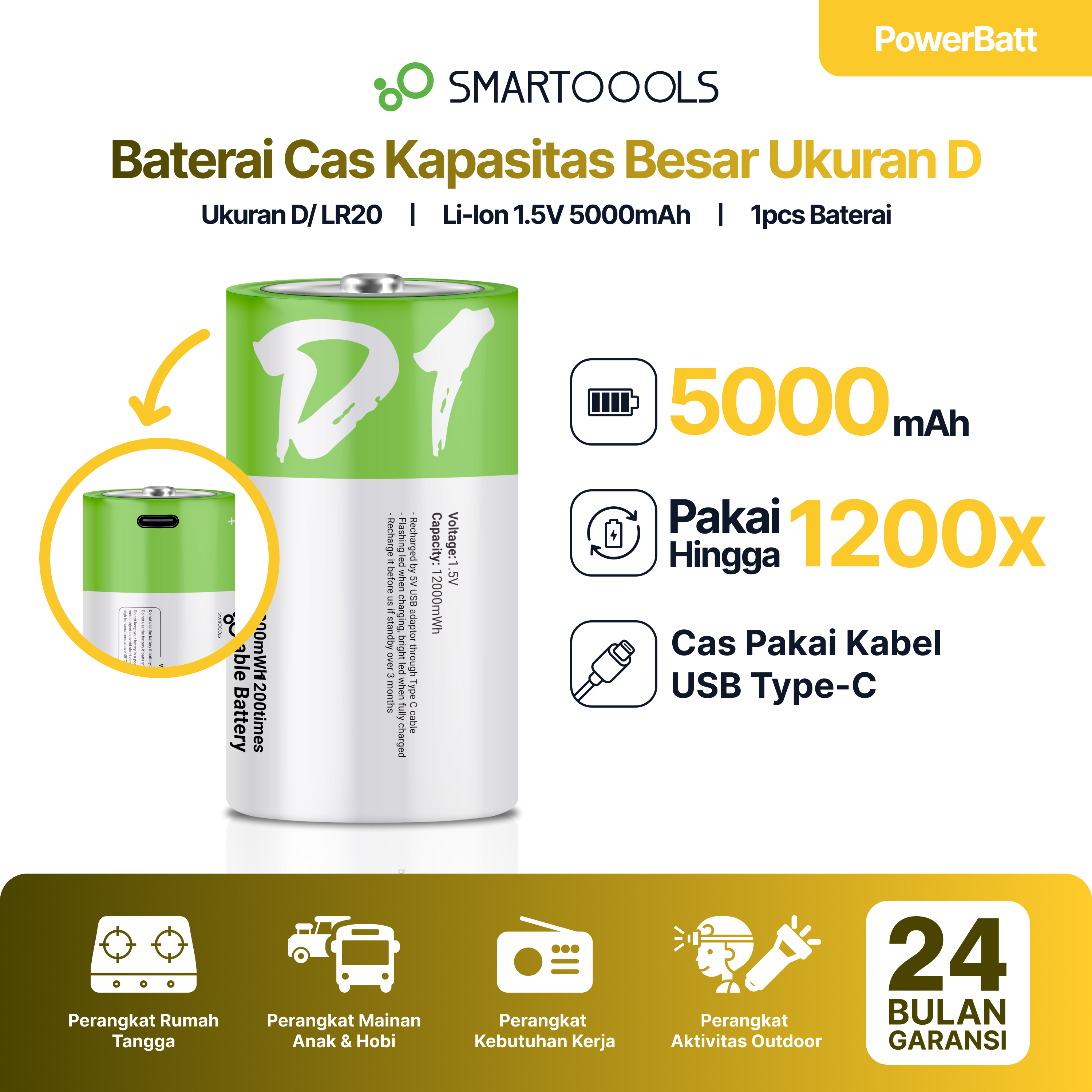 Baterai Cas Isi Ulang Smartoools PowerBatt Ukuran D Voltase 1.5V dengan ...