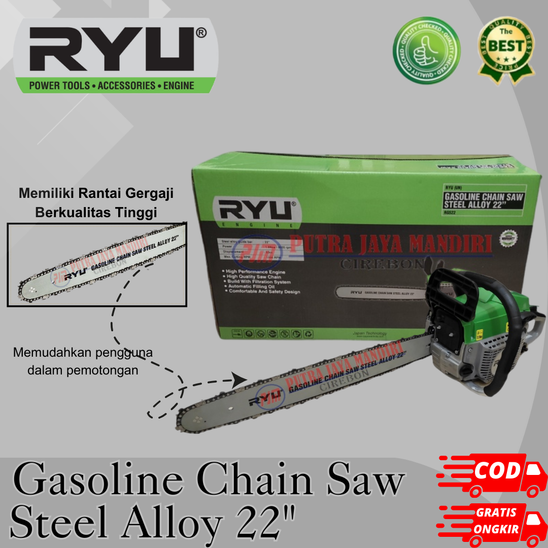 Ryu Gasoline Chainsaw RGS 22 / Gergaji Mesin Potong Kayu / Mesin ...