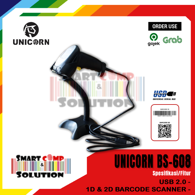 Scanner Barcode 2D QRcode Unicorn BS-608 / BS608 USB With Stand ...