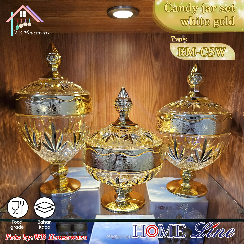 Homeline toples kaca set 3 tempat permen snack motif gold crystal ...