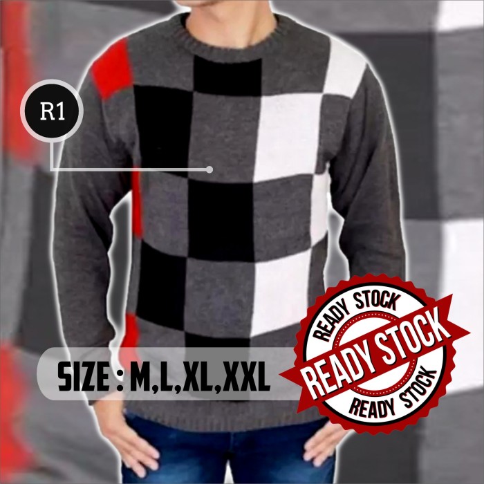 R1 - Rompi Rajut Motif Kotak Abu Hitam Merah Putih | Rompi Rajut Pria ...