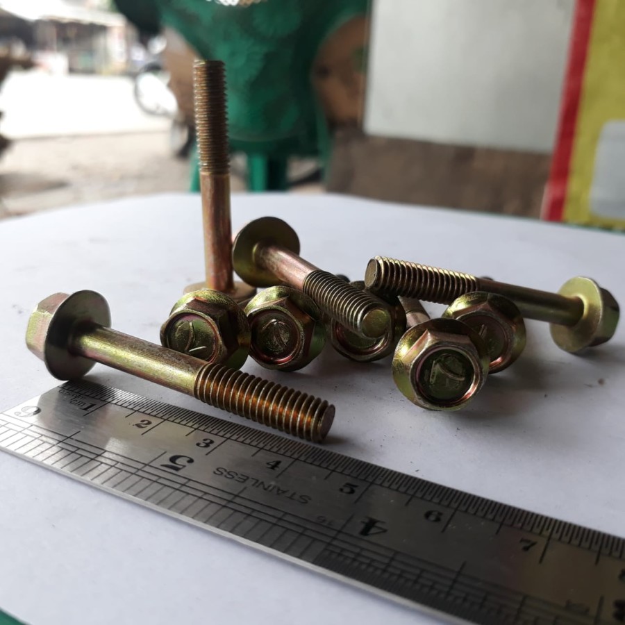 FLANGE BOLT M6 X 40 BAUT TOPI M6X40 WARNA KUNING KUNCI 10 PANJANG 4CM 4 CM 40MM DIAMETER BATANG ...