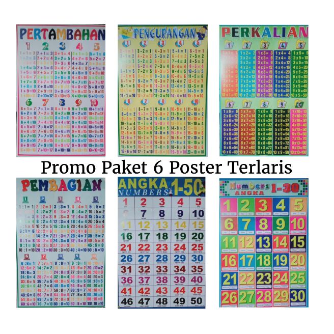 Paket 6 Poster, Pertambahan, Pengurangan, Perkalian, Pembagian, Angka 1 ...