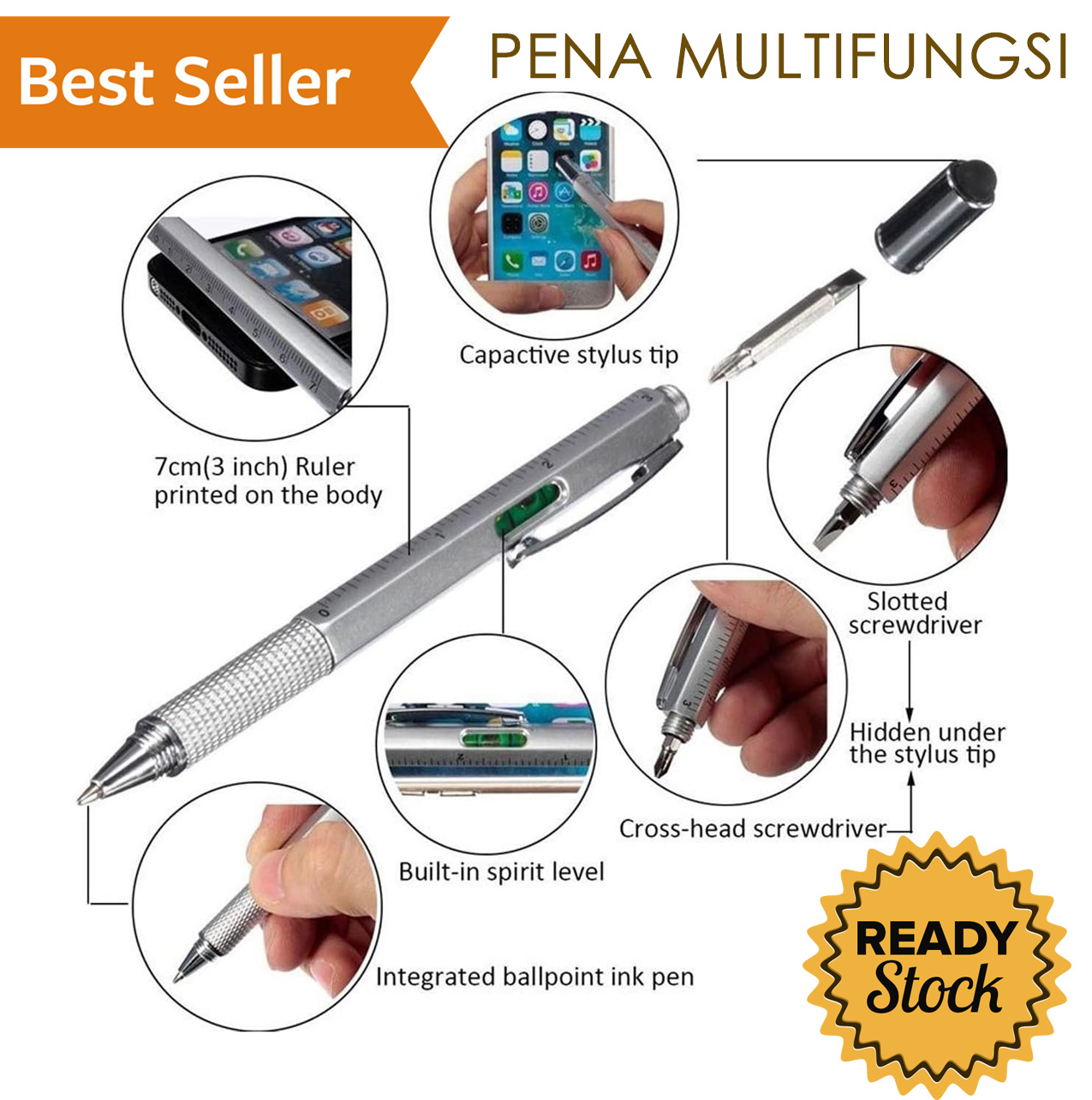 Pena Multifungsi Plastik Stylus + Penggaris + Level + Obeng Pulpen ...