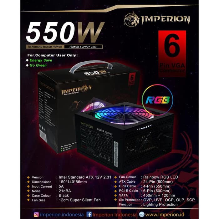 PSU Imperion 550w LED RGB 6 PIN Power Supply Gaming PSU ATX 550 Watt ...