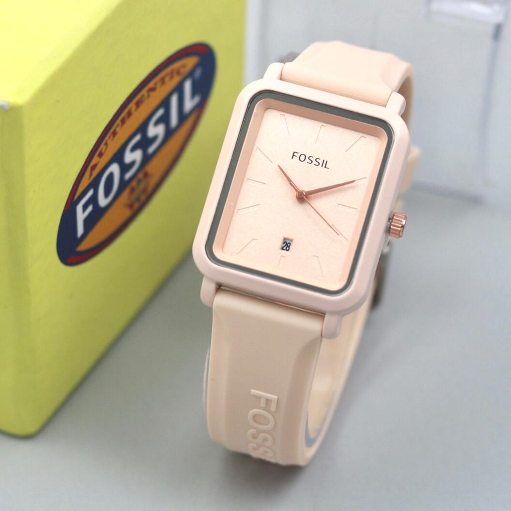 Fossil Jam Tangan Wanita Cewek Perempuan Kasual Display Analog Model Persegi Panjang Tali Karet ...