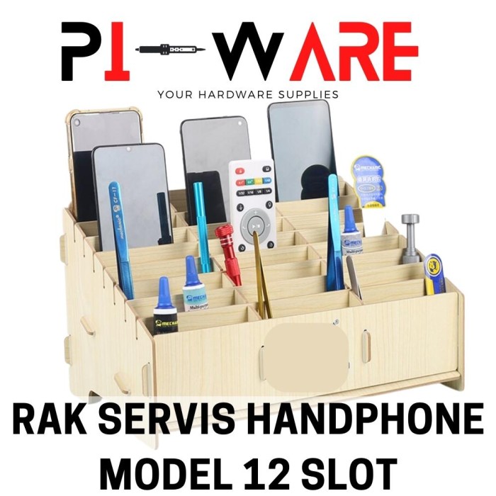 Rak Penyimpanan Sparepart Tool HP Di Meja Kerja Model Kayu 12 Slot ...
