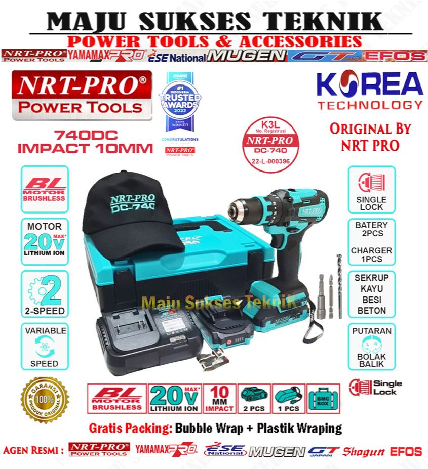NRT PRO DC 740 Mesin Bor Cordless Impact Drill 10mm 20V Bor Baterai Brushless Set 20 V DC740 DC ...
