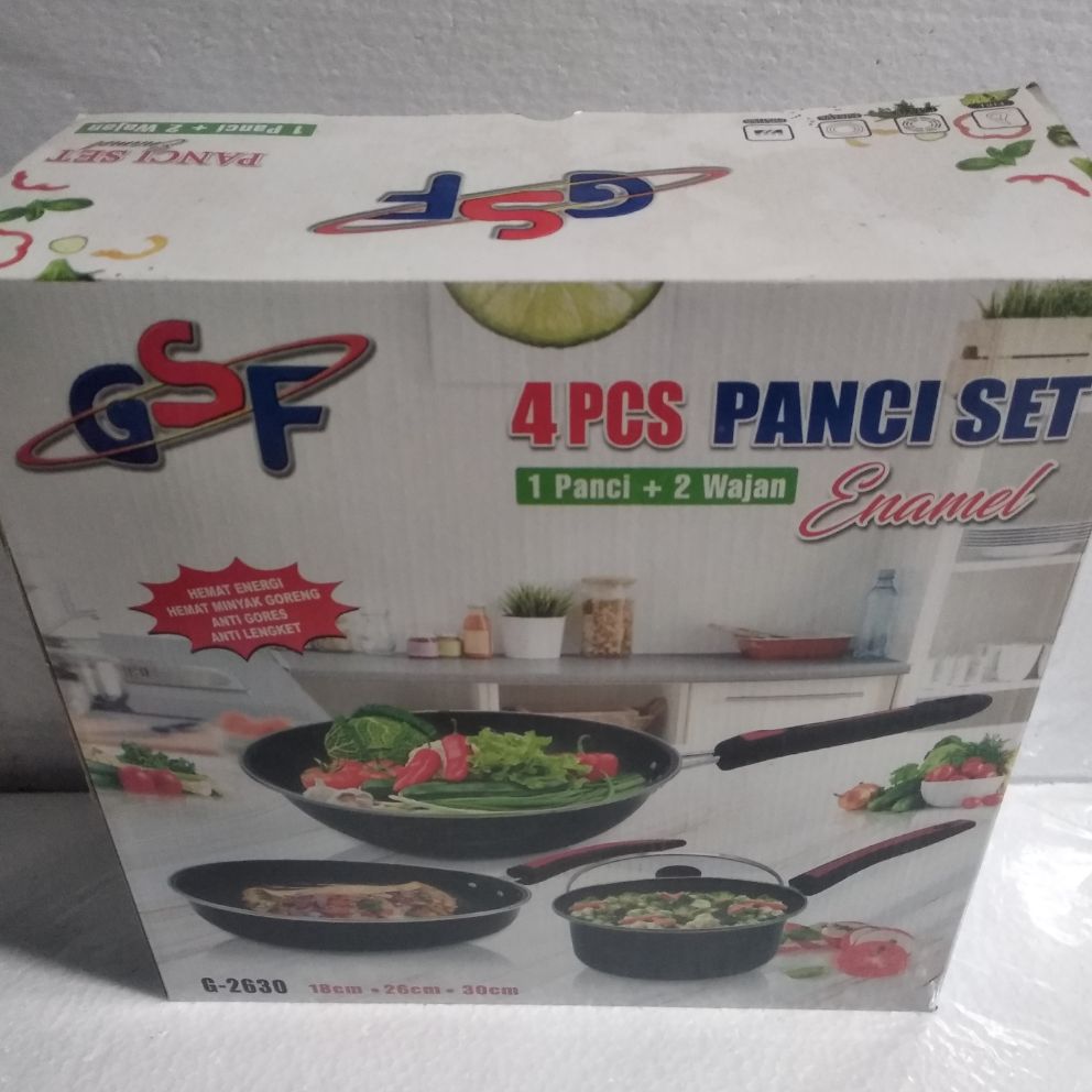 GSF teflon wajan panci set 4 in 1 enamel tutup kaca | Lazada Indonesia