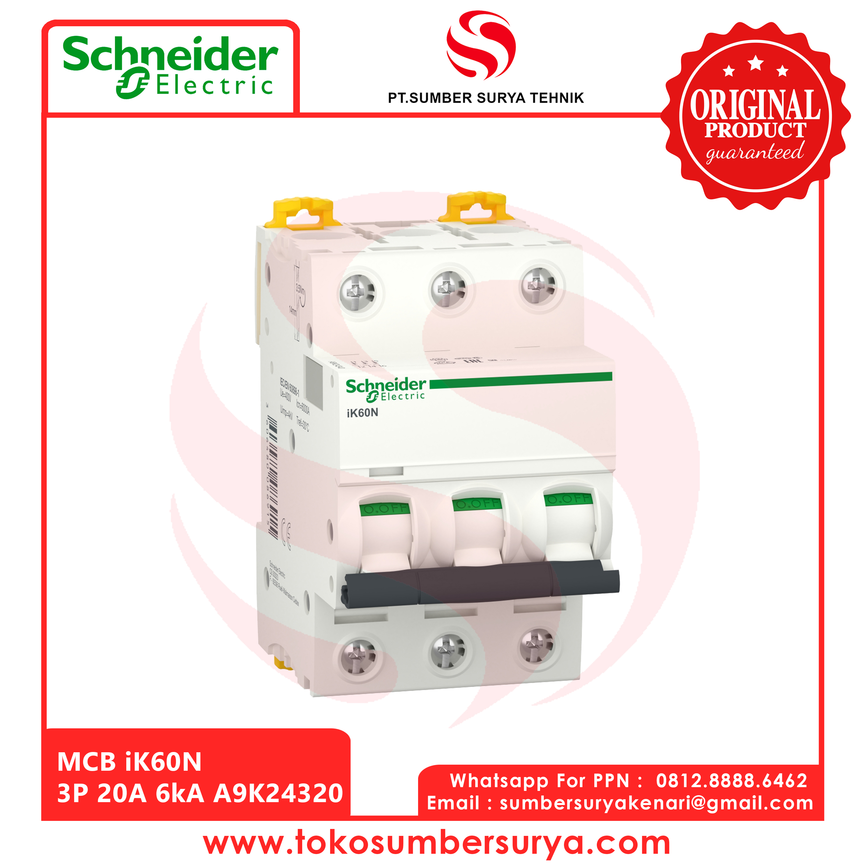 MCB Mini Circuit Breaker iK60N 3P 20A 6kA Saklar Listrik ON OFF A9K24320 SNI Asli Ori Schneider ...