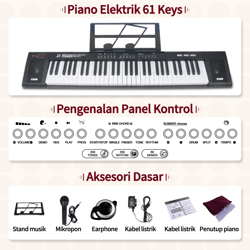 61-Portabel kunci Organ Elektronik Anak / Keyboard Untuk Pemula / Keyboard Piano，Banyak Nada ...