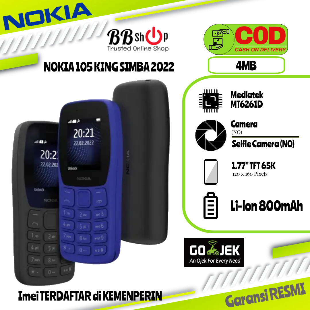Nokia 105 Simba 2022 Garansi Resmi Tam, DISPLAY Type TFT, Size 1.77 ...