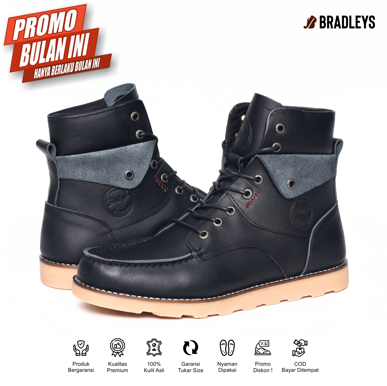 Bradleys Phantom Black - Sepatu Kulit Boot Pria Sepatu Boots Pria ...