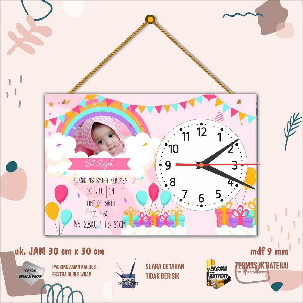 Jam dinding biodata anak/ jam dinding kayu custom foto anak/ bayi/ baby ...