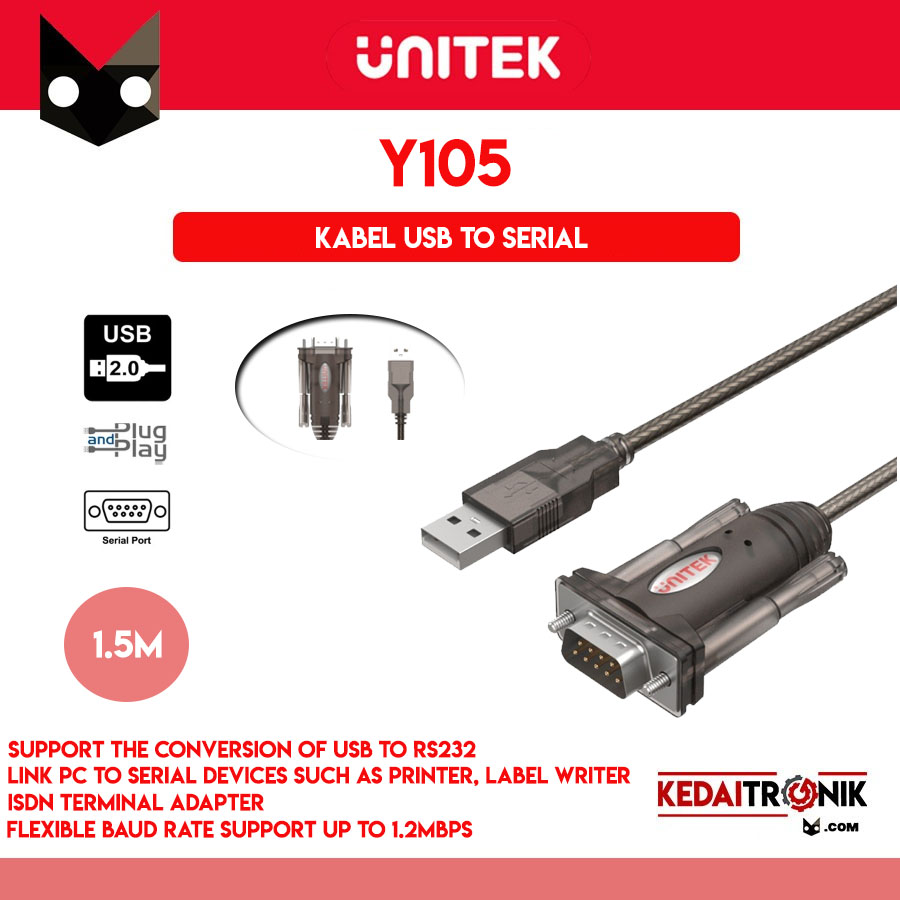 Kabel USB to Serial 1.5M Unitek Y105 RS232 1,5 Meter Y-105 | Lazada ...