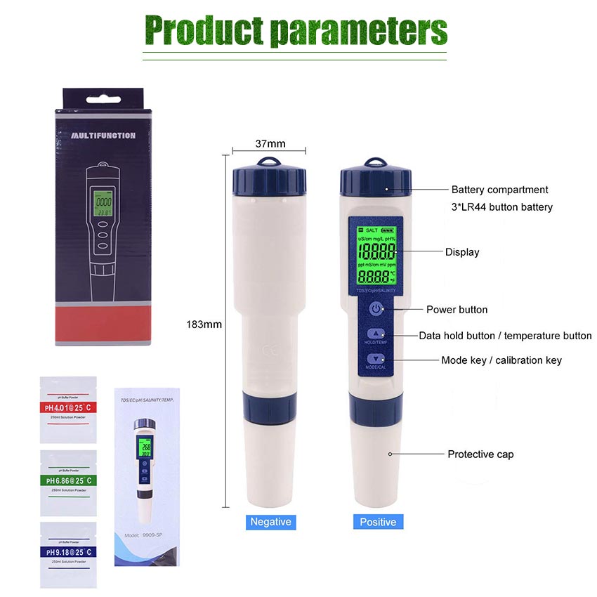 PH TDS EC Salinity Temperature 5 in 1 Meter EZ-9909 Tester EZ9909 Salt ...