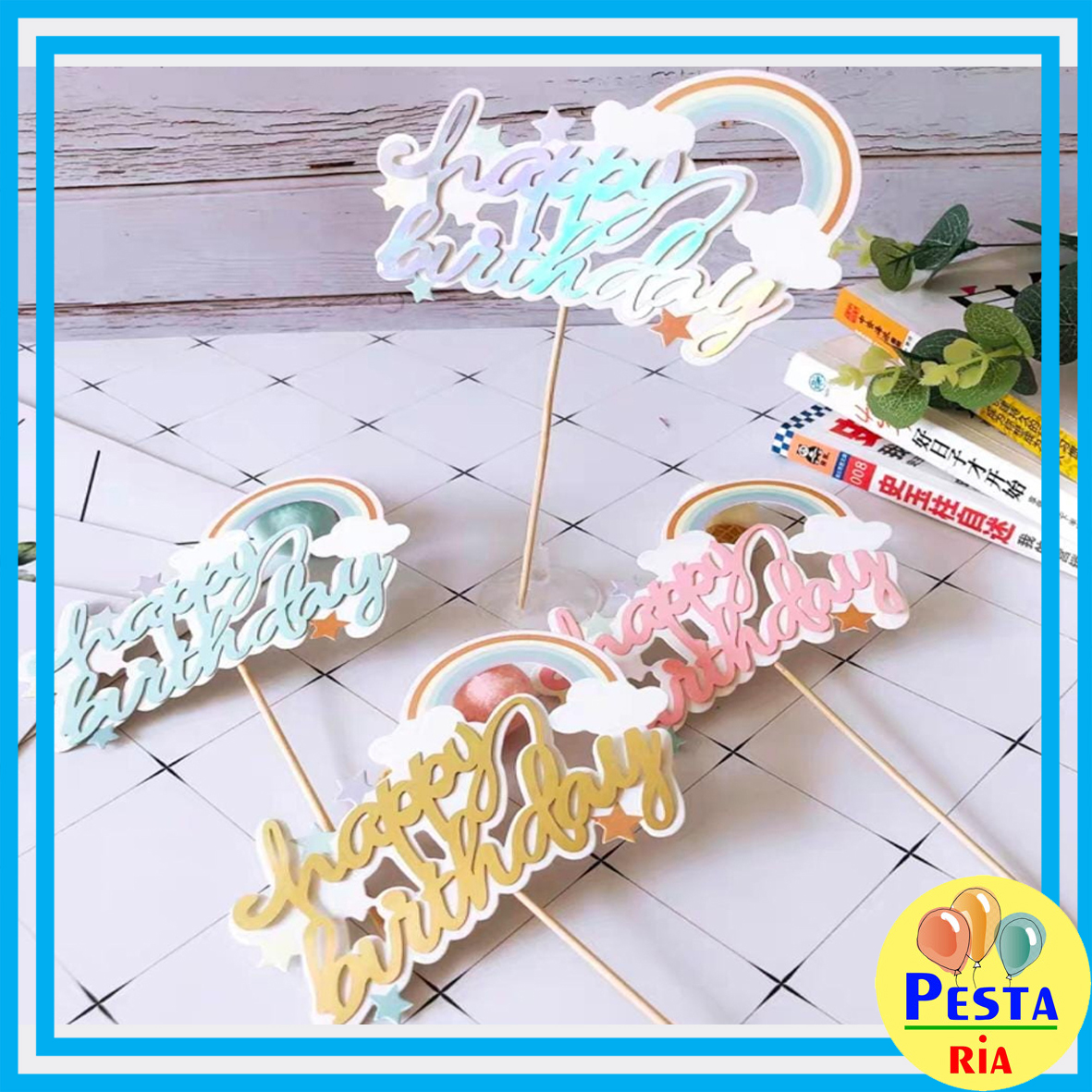 Murah!! (1Pcs) Cake Topper HBD pelangi, cake topper ulangtahun, tusukan ...