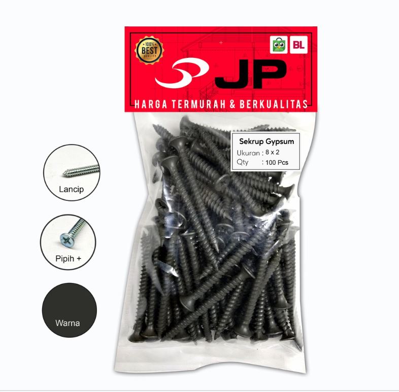 SEKRUP GYPSUM 8 x 2 - SKRUP DRYWALL - BAUT GIPSUM HITAM ISI 100 PCS ...
