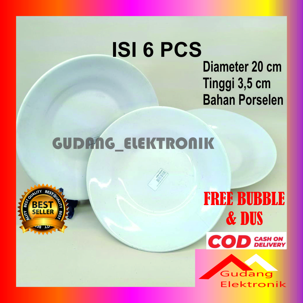 Piring Makan Polos Porselen Isi 6 Pcs Cantik Ukuran 8 Inch Kaibon Putih ...