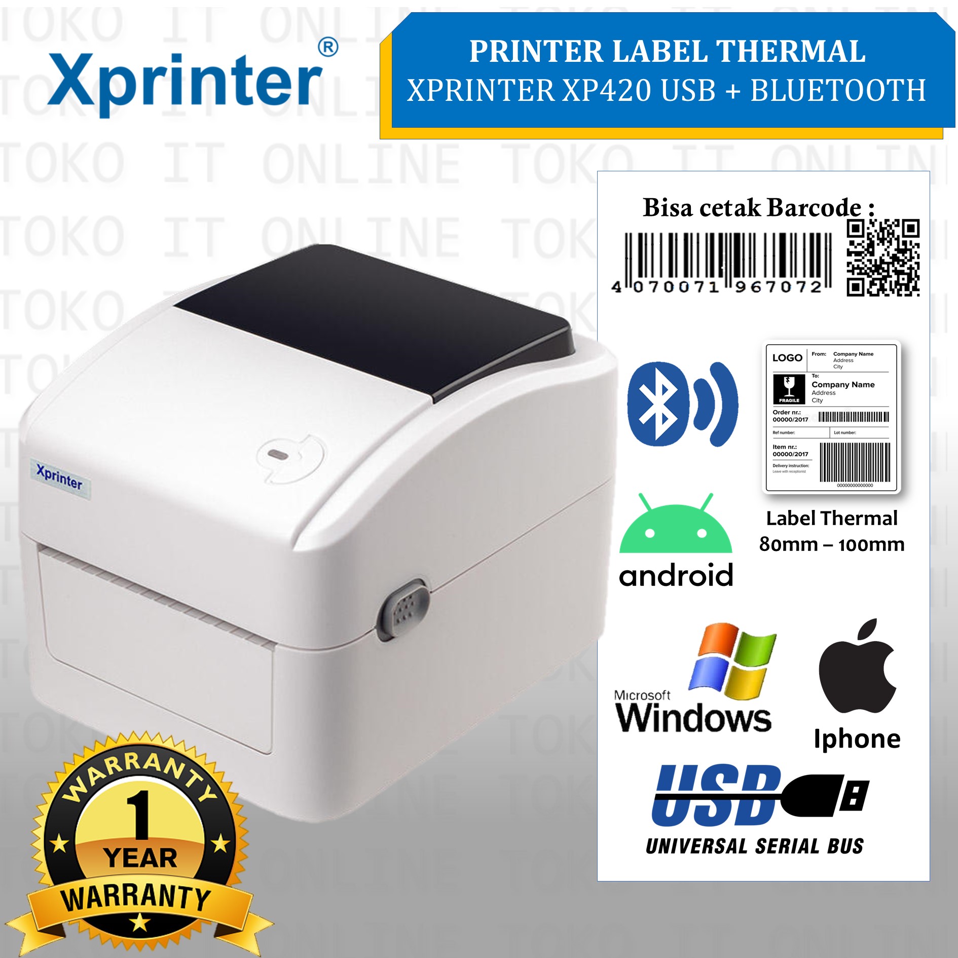 PRINTER THERMAL BARCODE XPRINTER XP-420B PRINTER LABEL RESI A6 XP420B ...
