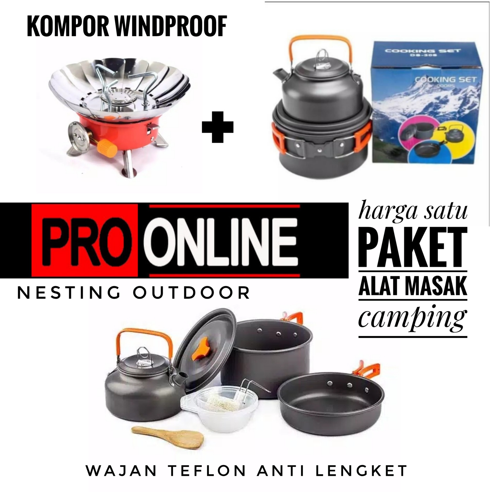 Cooking Set Plus Teko DS-308 & Kompor K203 Kompor Mawar Nesting Camping ...