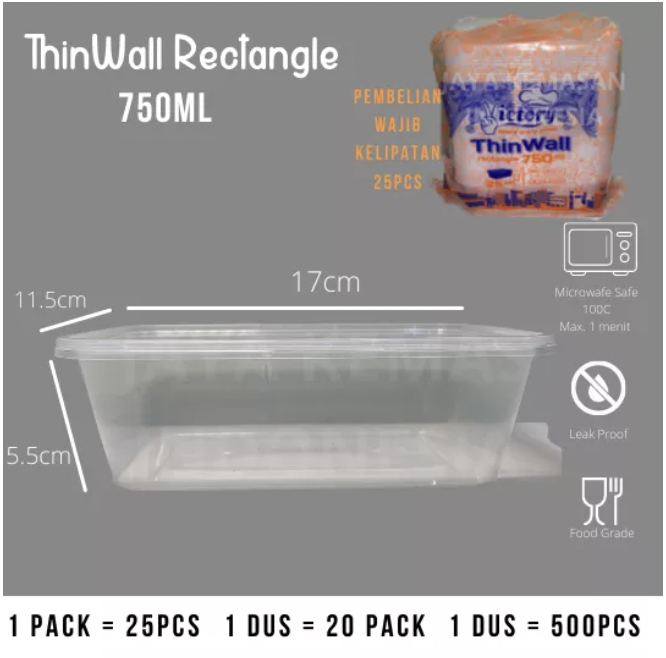 (25SET) THINWALL 750ML RECTANGLE FOOD CONTAINER | KOTAK TEMPAT MAKAN PERSEGI 750 ML BENING ...