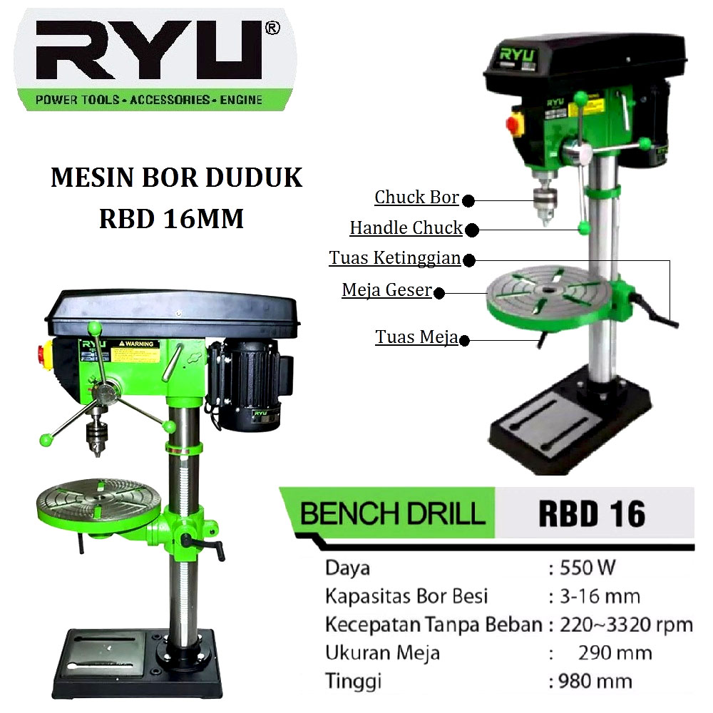 Bor Duduk RYU TEKIRO 13mm Bench Drill 13mm RBD13 RBD 13 sedia 16mm ...