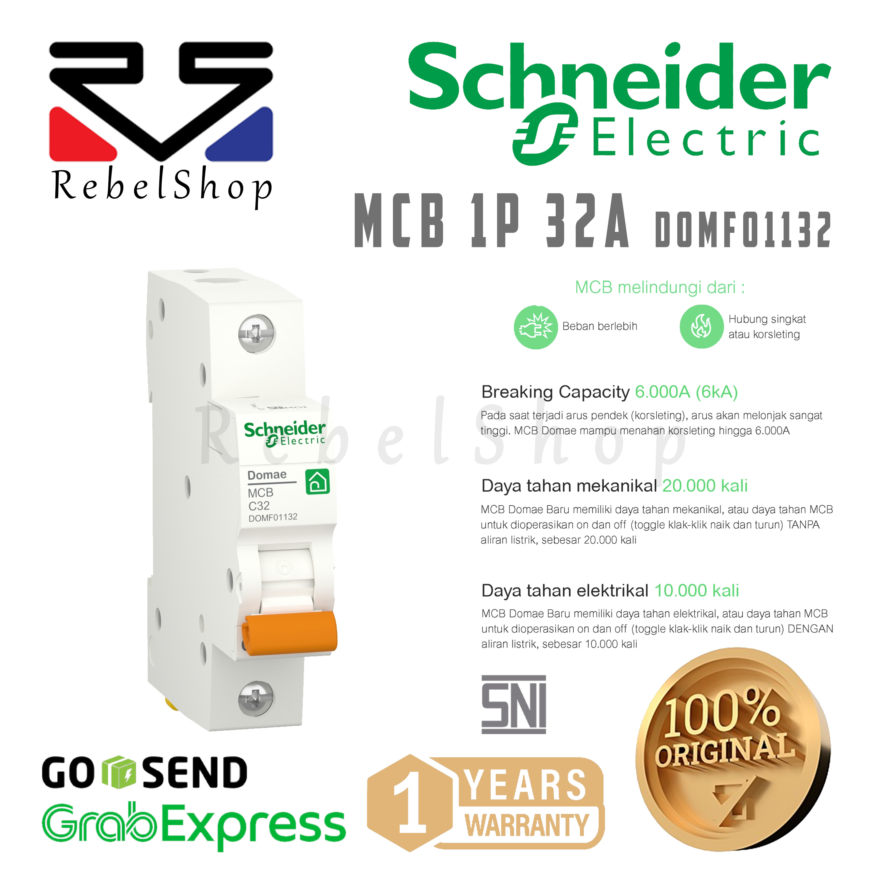 Schneider MCB New Domae 1P 32A 6kA SNI - 1 Phase 32 Ampere DOMF01132 ...