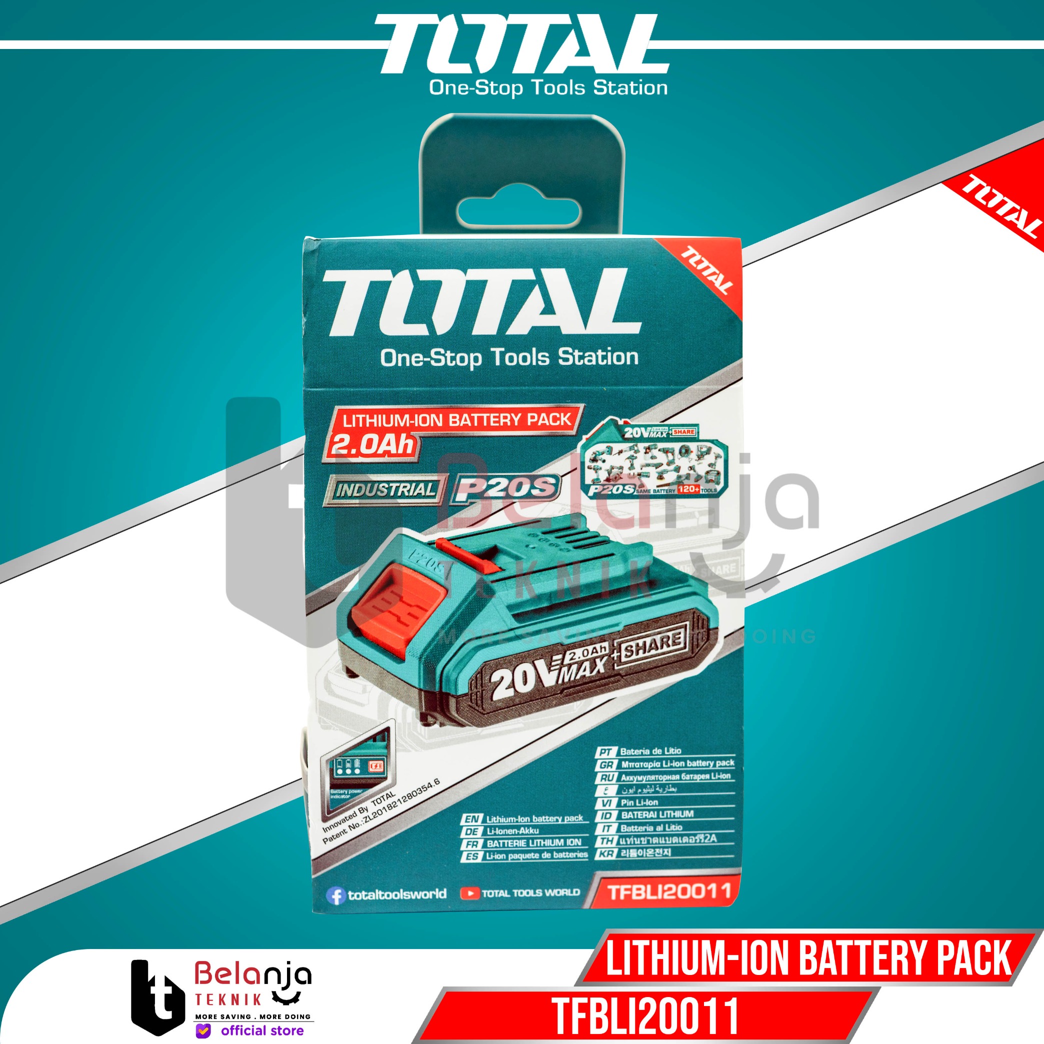 Total Battery 20V 2.0Ah Baterai 20 Volt 2.0 Ah Lithium Ion TFBLI20011 ...