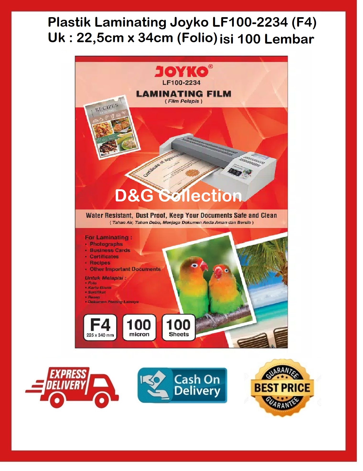 1 PACK LAMINATING FILM FOLIO / PLASTIK LAMINATING JOYKO LF100-2234 - F4 ...