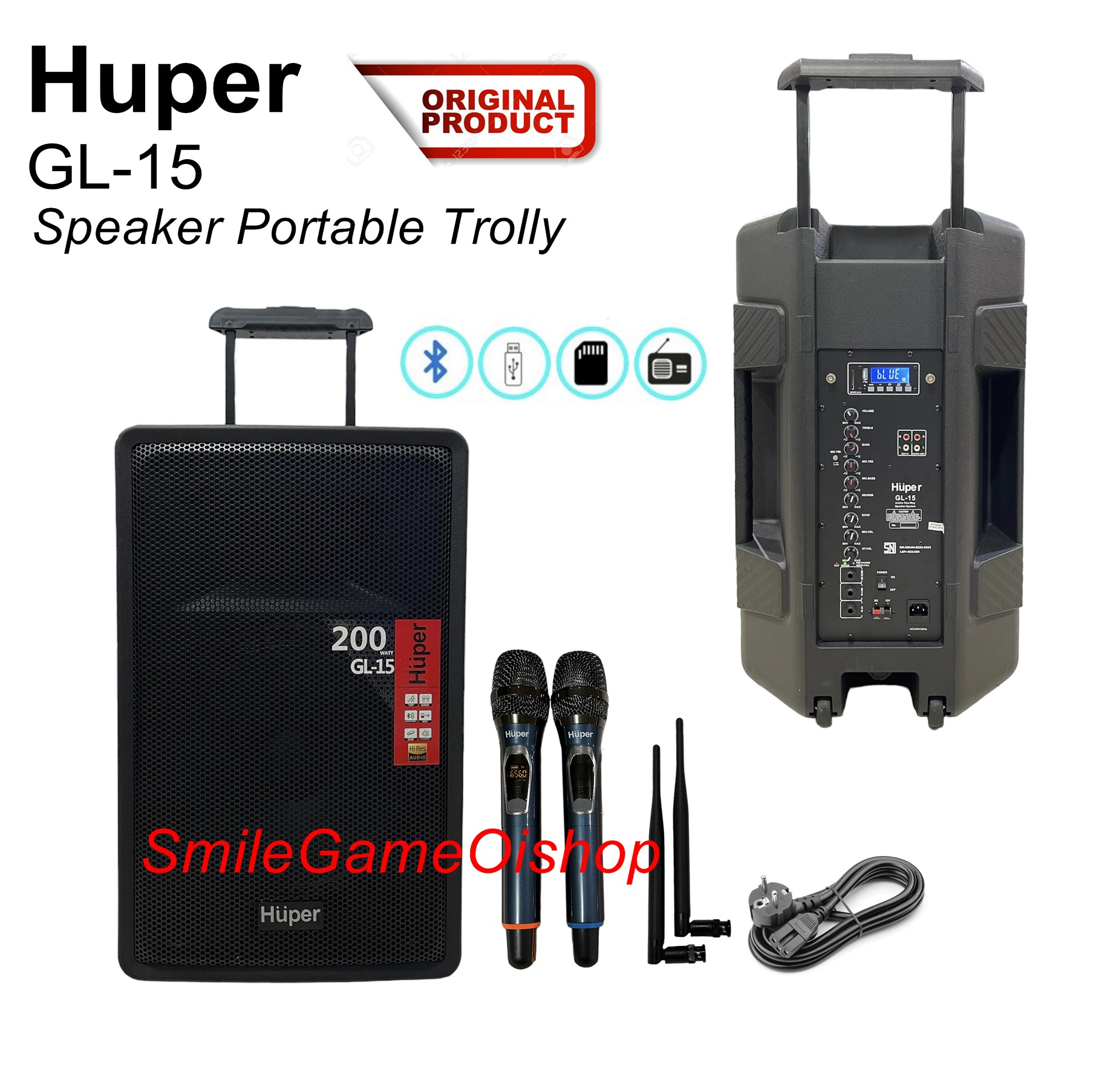 SPEAKER PORTABLE HUPER GL-15 RMS200 WATTS BONUS 2 MIC WIRELESS HANDLE ...