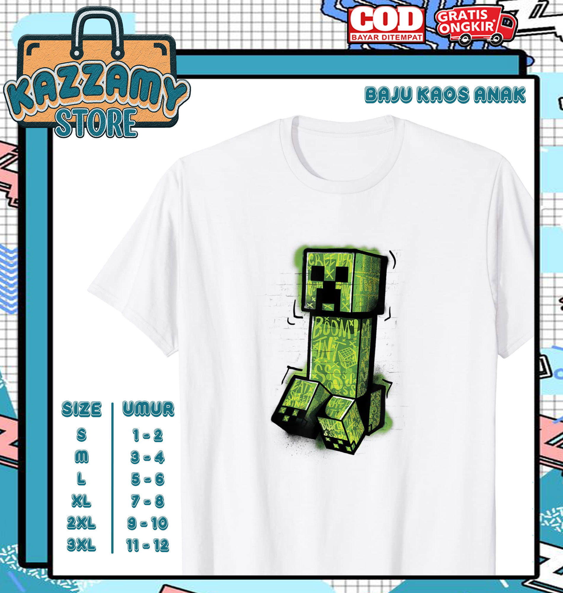 Baju Kaos Anak Minecraft Creeper Graffiti Sit - Kazzamy | Lazada Indonesia