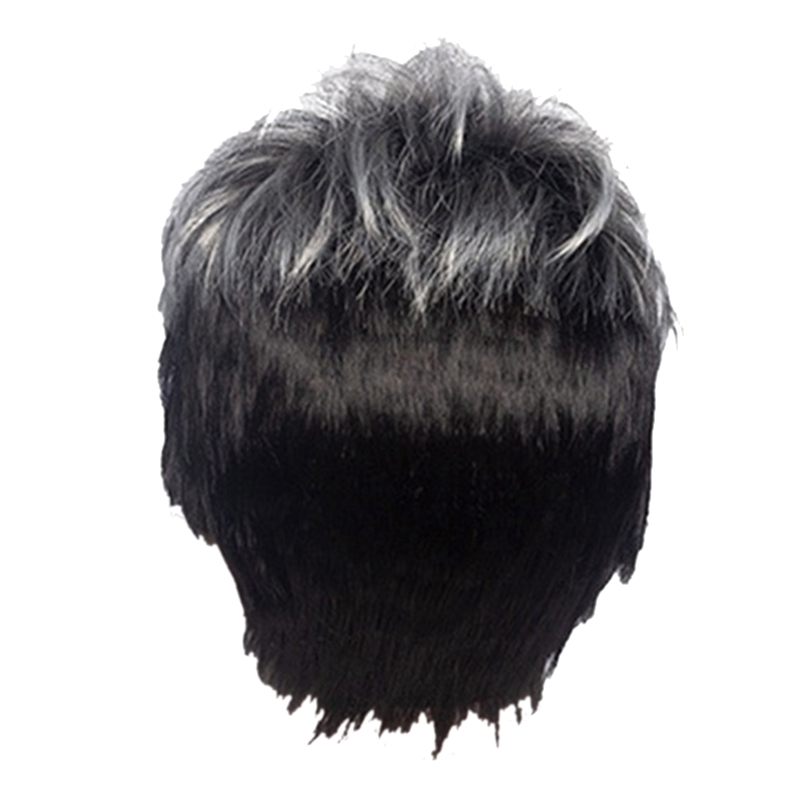 Men Short Straight Wig Ombre Grey Black Synthetic Wig for Male Hair ...