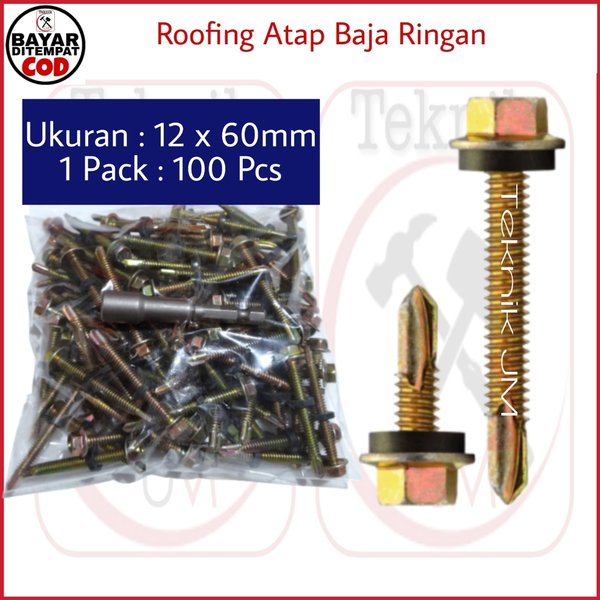 BAUT BAJA RINGAN ATAP ROOFING 12 X 60mm 6 CM - BONUS MATA SOCK KEPALA ...