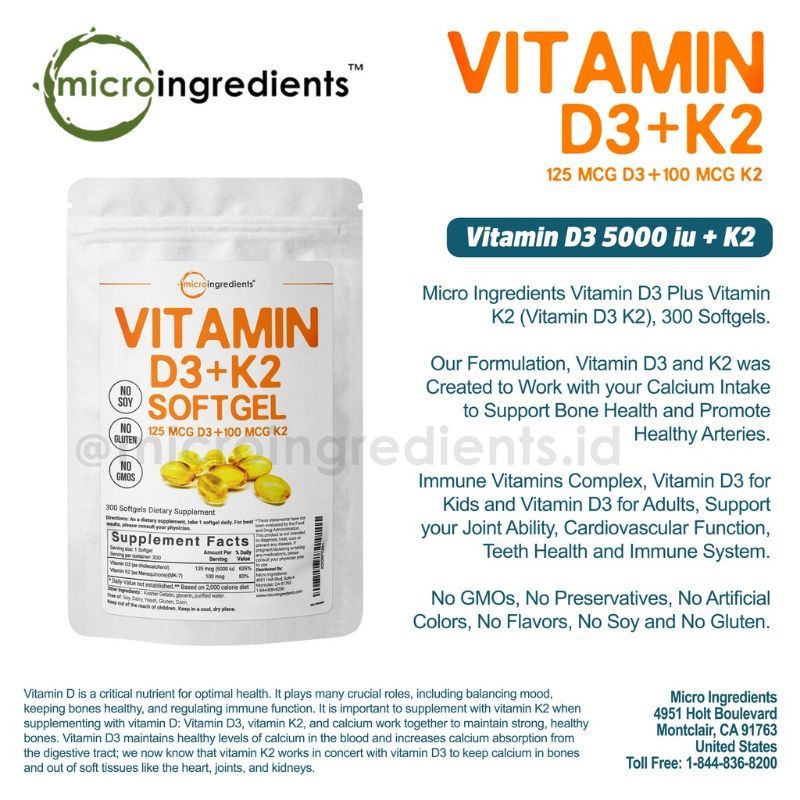 Micro Ingredients Vitamin D3+K2 300 softgels / Vitamin d3 K2 | Lazada ...