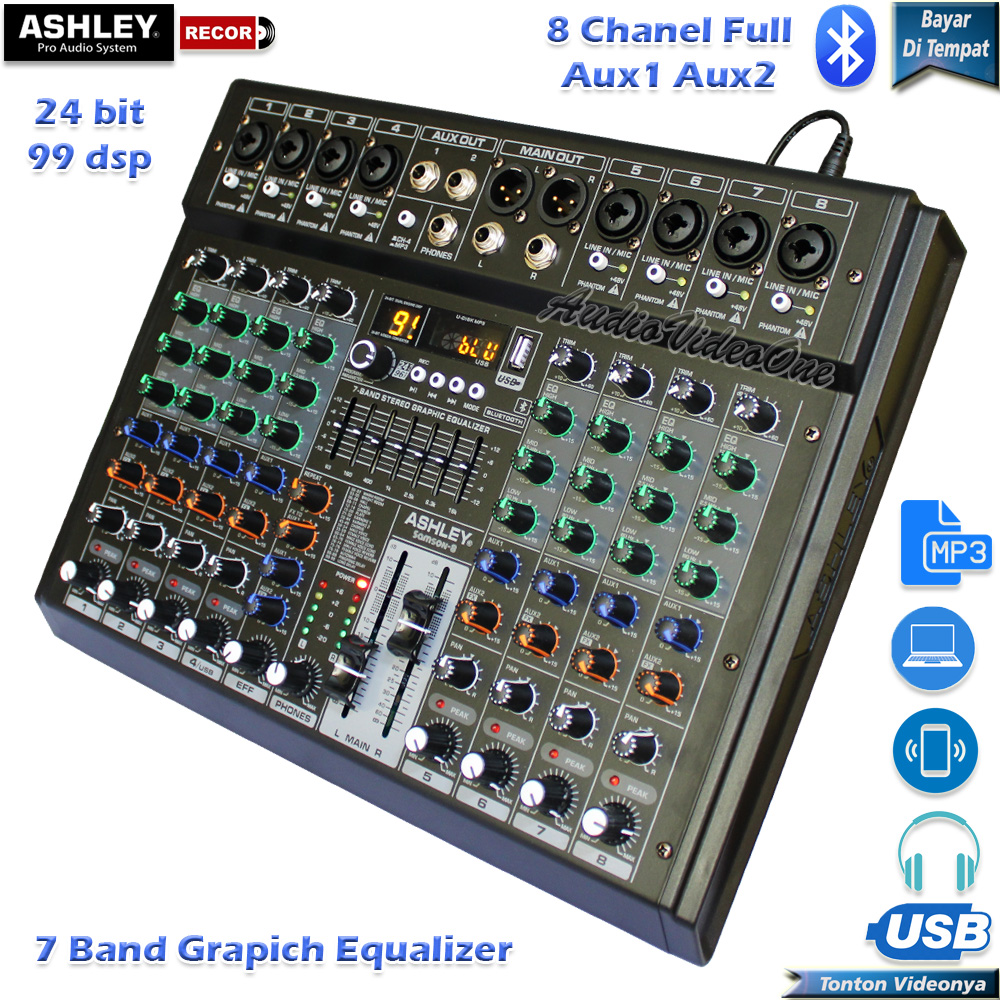 Mixer Ashley Bluetooth SAMSON 8 Chanel Full Aux1 Aux2 24 Bit 99 Dsp ...