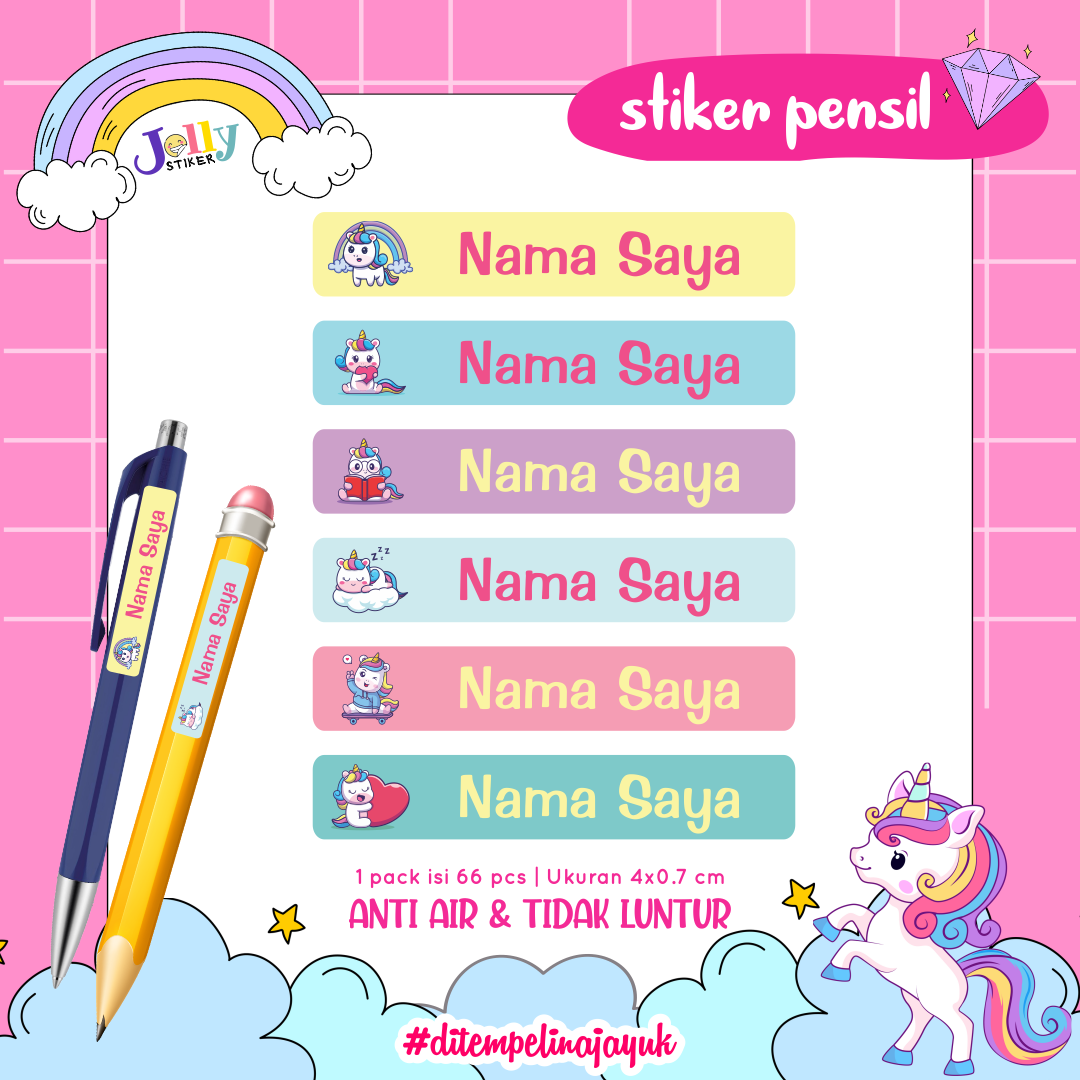 Stiker Pensil Nama Waterproof Custom Tema Unicorn Sticker Label Nama ...