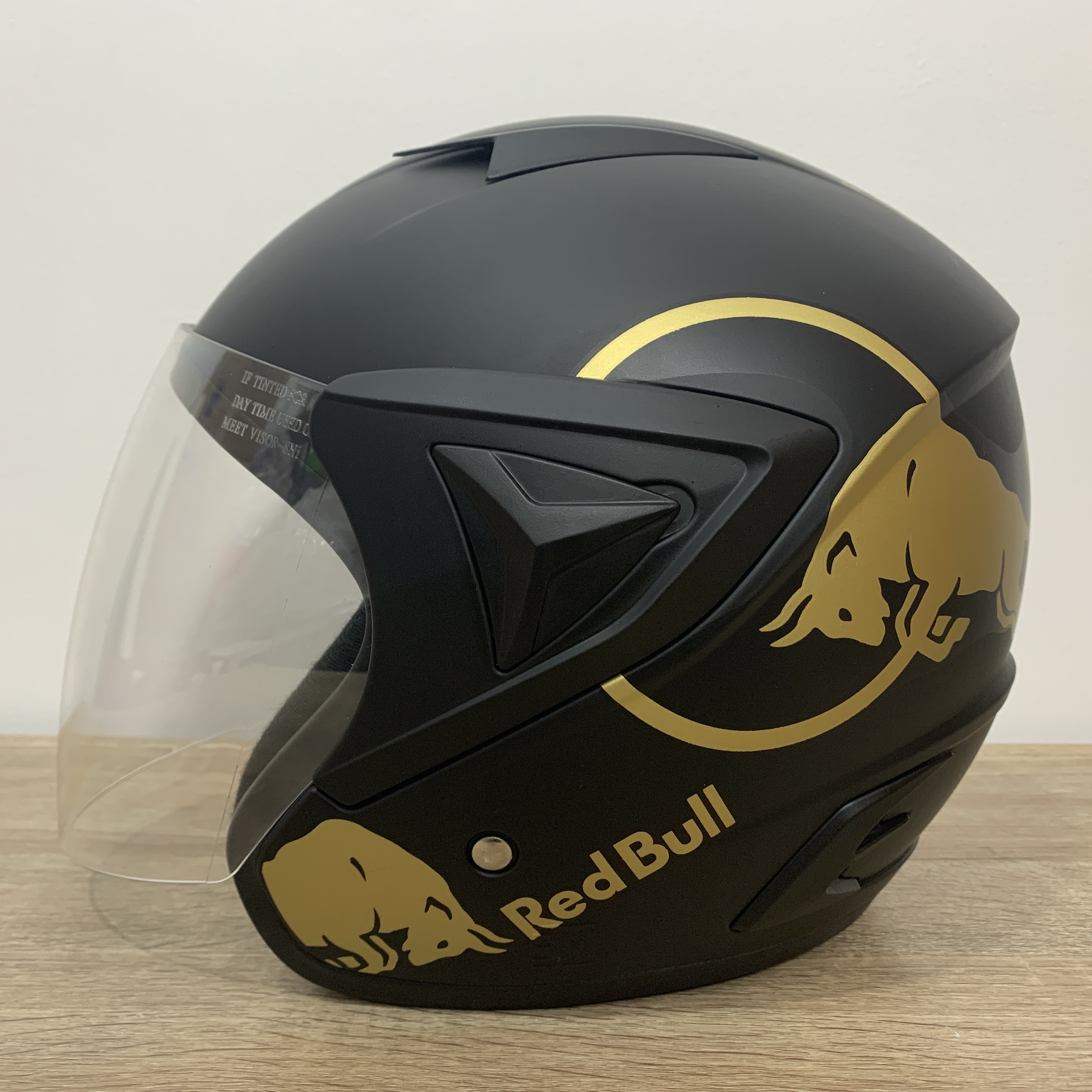 Helm JP13 RedBull (Gold) Hitam Doff - Single Visor Kaca Clear / Pelangi ...