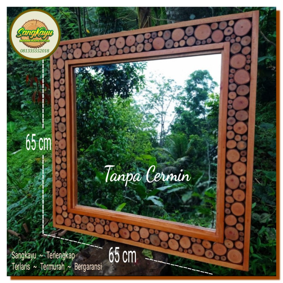 Frame cermin kayu unik rustic 65x65cm pigura cermin bingkai cermin ...