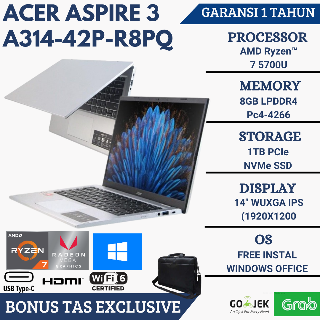 LAPTOP ACER ASPIRE 3 A314-42P-R8PQ AMD RYZEN 7 RAM 8GB LPDDR4 SSD 1TB ...