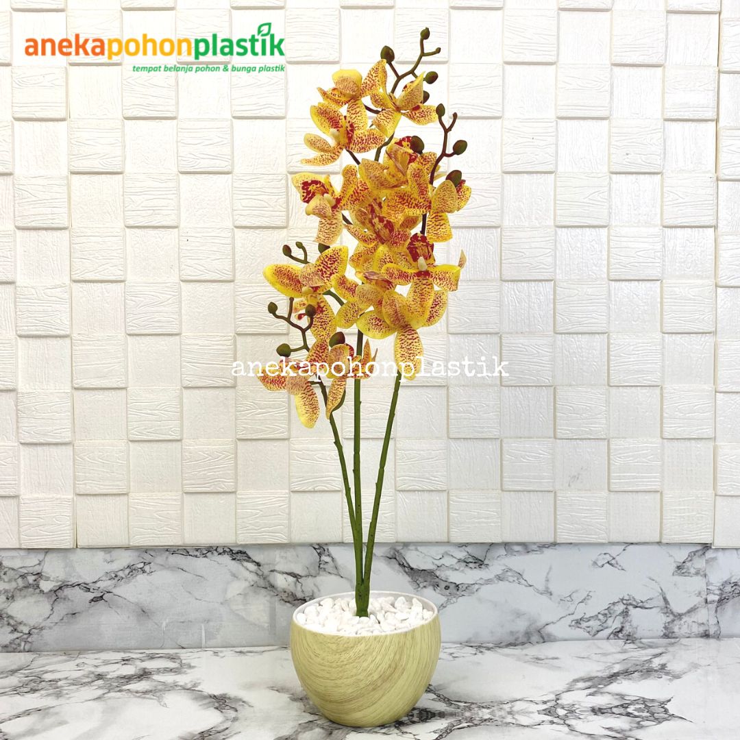 Tanaman Hias Bunga Anggrek X3 Kuning Bintik Plastik Artificial Vas ...